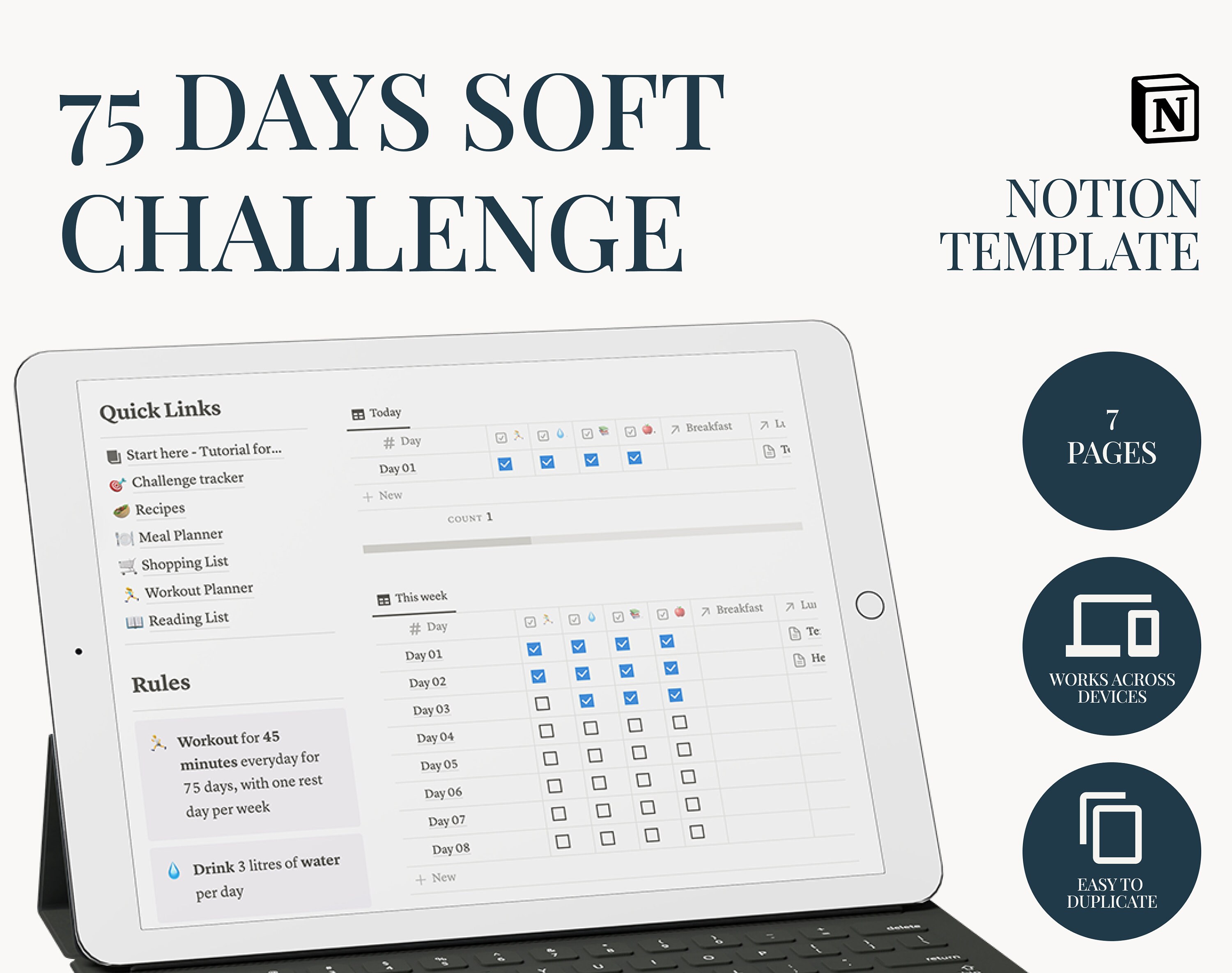 75 Days Soft Challenge Notion Template Aesthetic Digital Planner ...