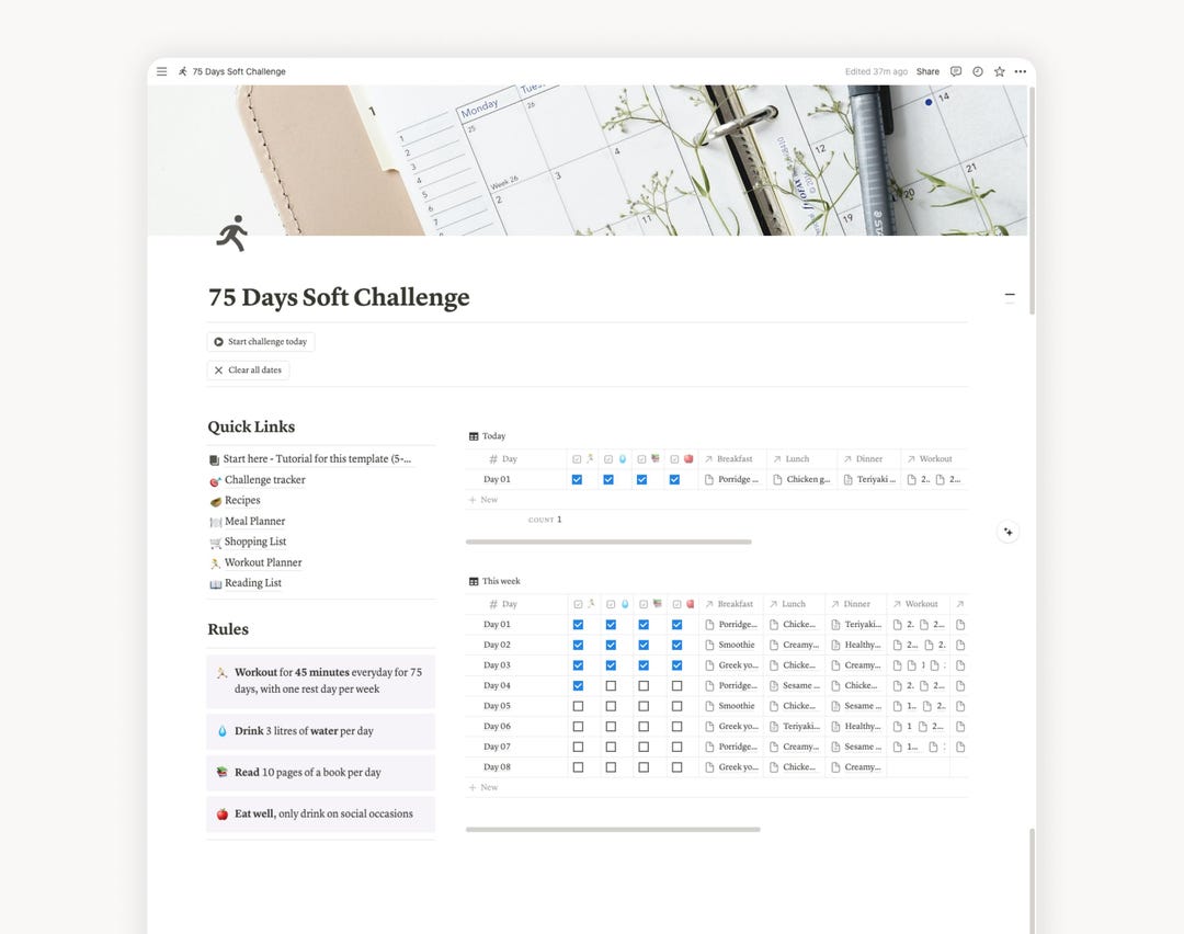 75 Days Soft Challenge Notion Template | Aesthetic Digital Planner ...