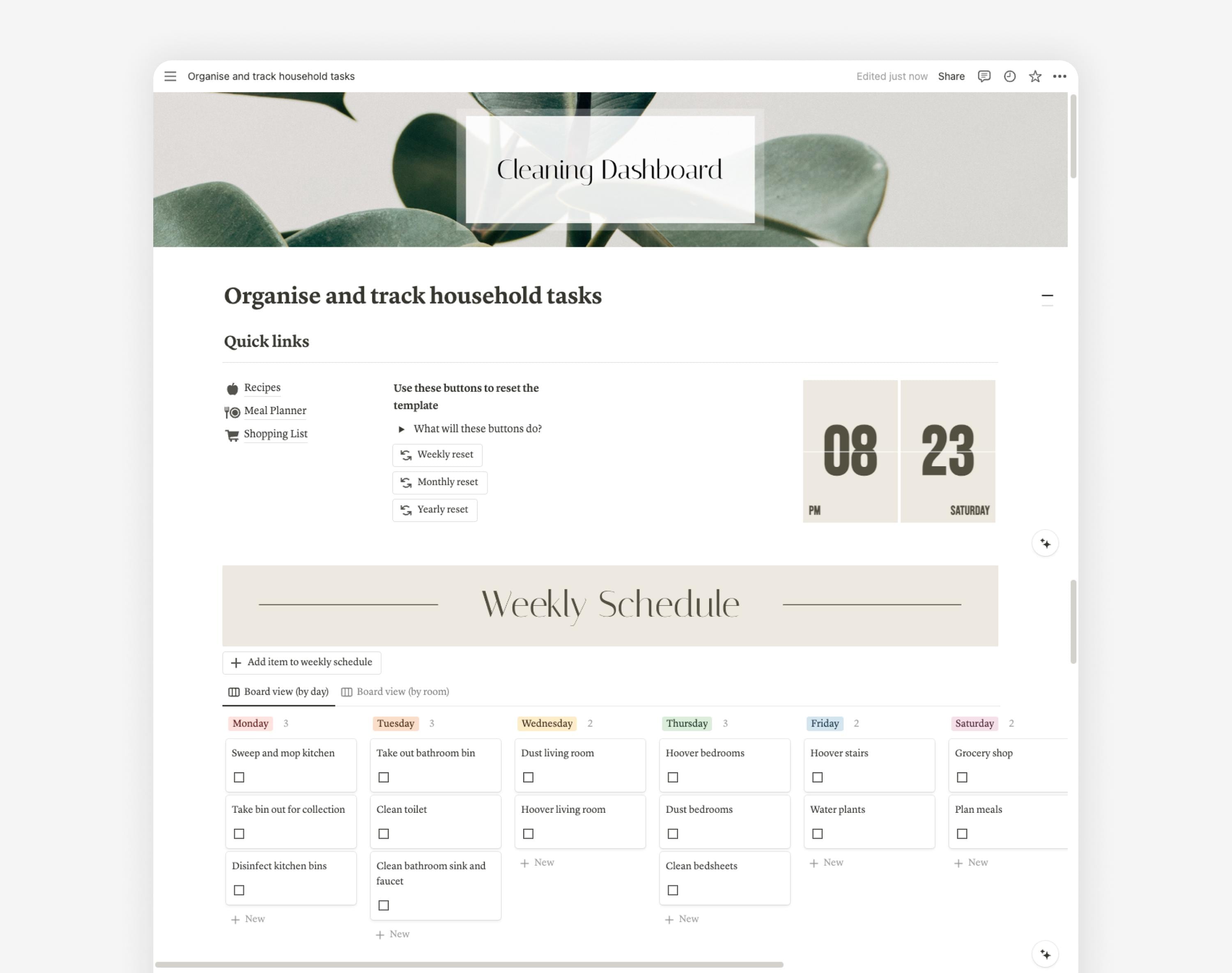 Cleaning Dashboard Notion Template Organise and Track Household Tasks ...
