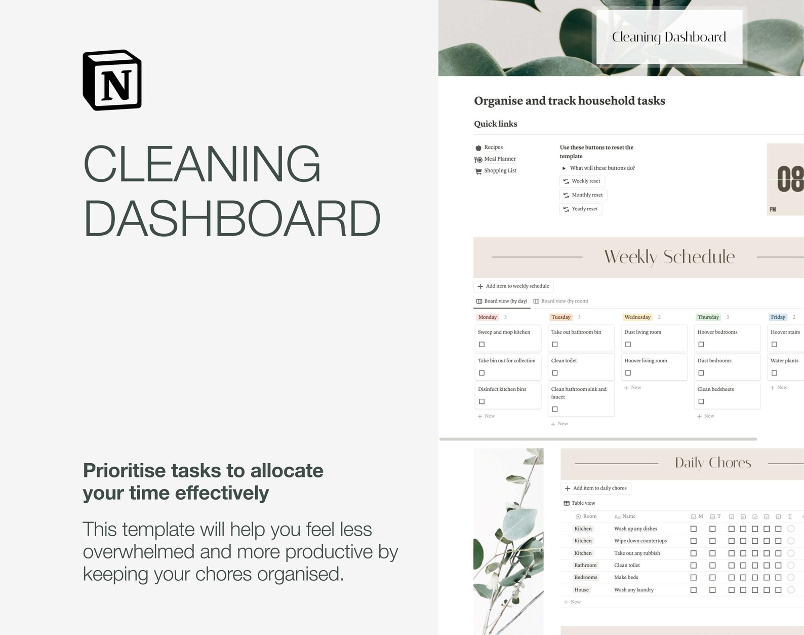 Cleaning Dashboard Notion Template Organise and Track Household Tasks ...