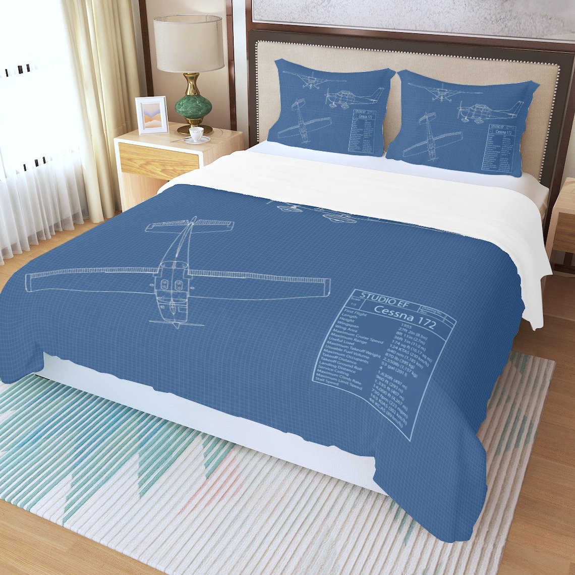 Cessna 172 Blueprint Three Piece Duvet Cover Set With Pillowcases for ...
