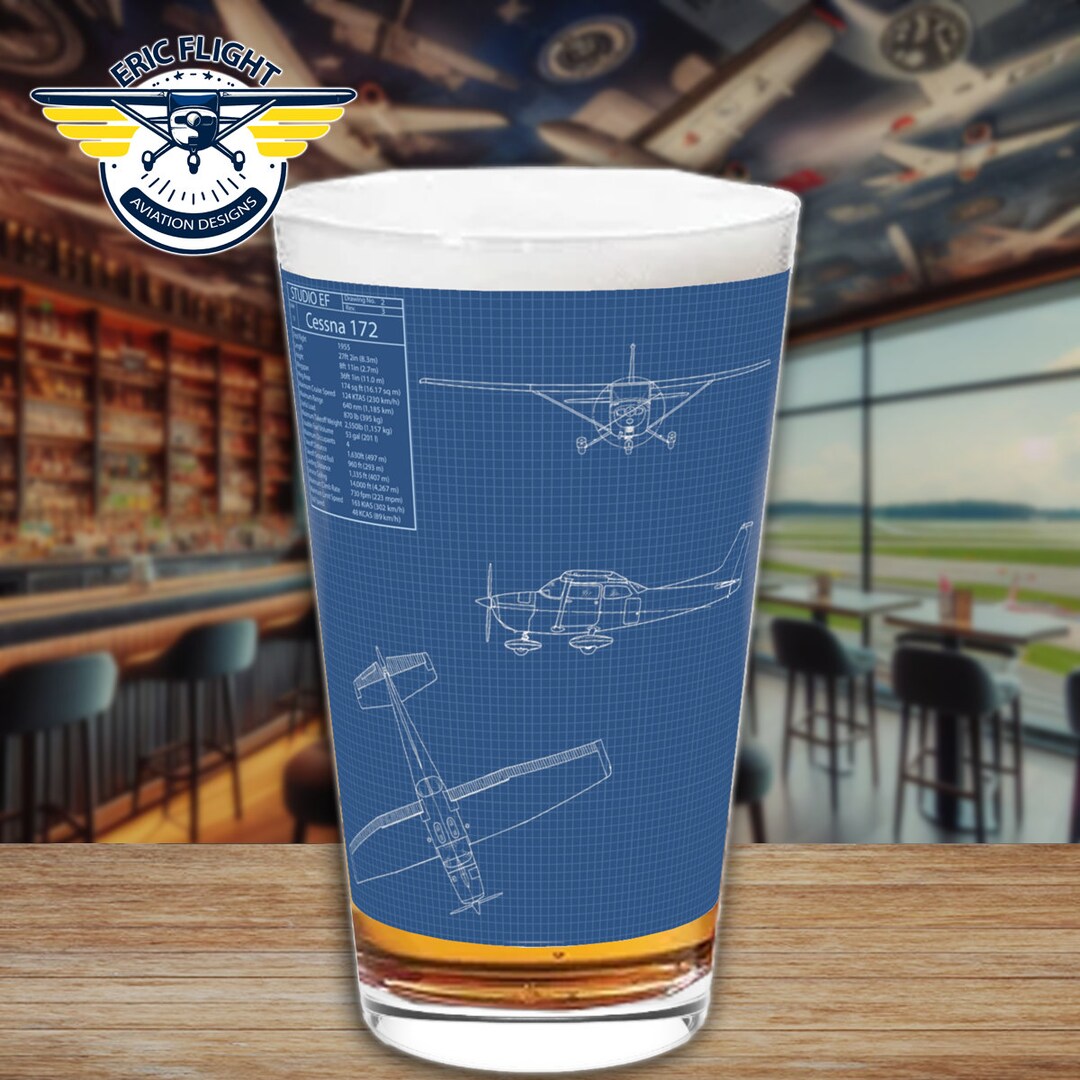 Cessna 172 Blueprint Design Trio Pint Glass, 16oz for Aviators Aviation ...