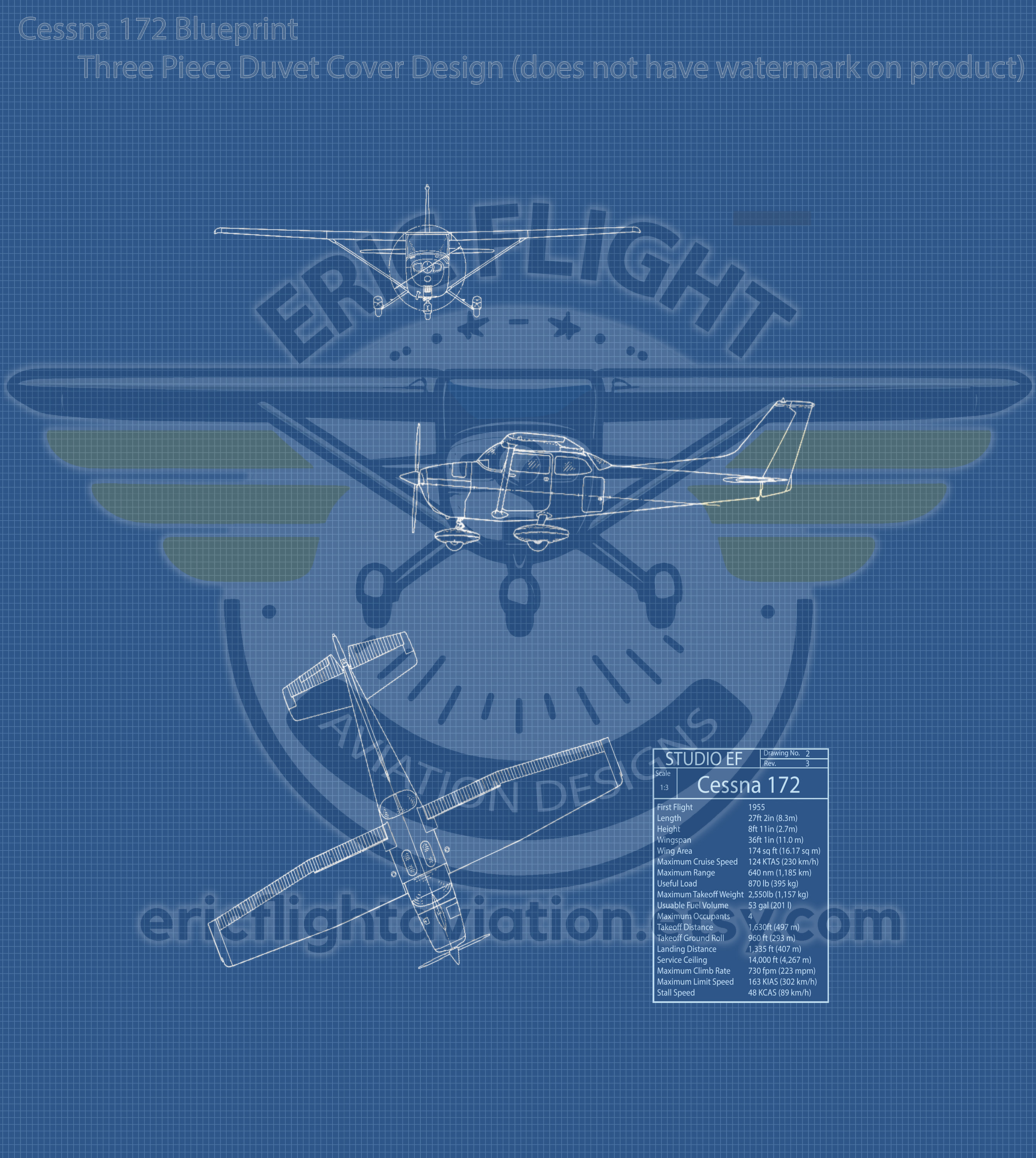 Cessna 172 Blueprint Three Piece Duvet Cover Set With Pillowcases for ...