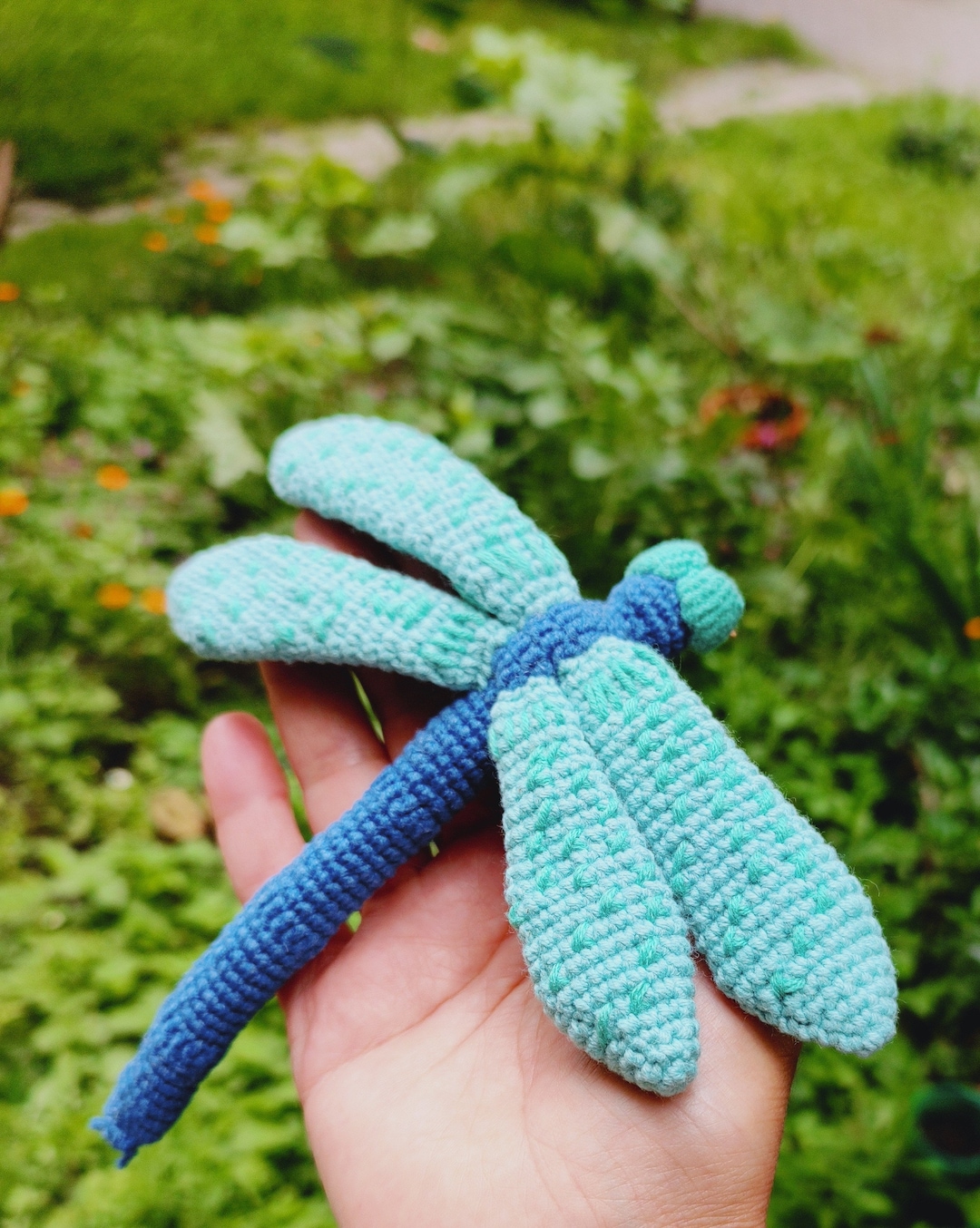 Crocheted Dragonfly Insect Amigurumi Blue Wings Flying Colorful Insect ...