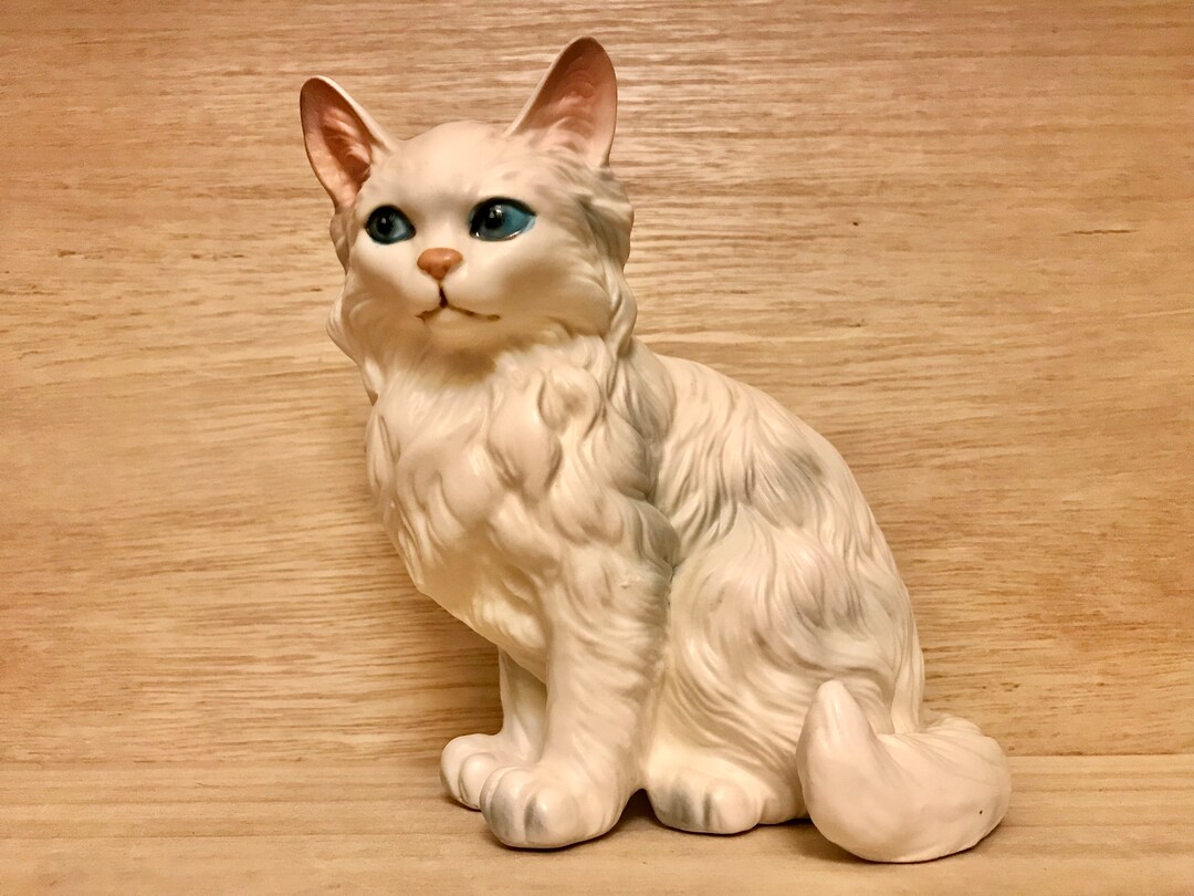 Vintage Fluffy White Cat Ceramic Statue - Etsy