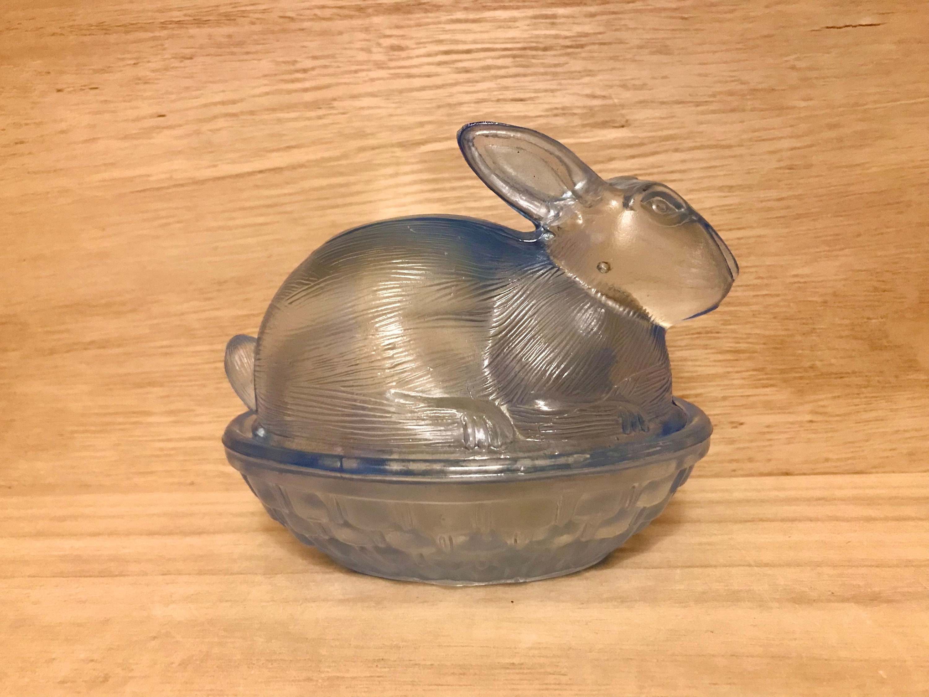 Vintage Blue Glass Bunny on Nest Candy Dish - Etsy
