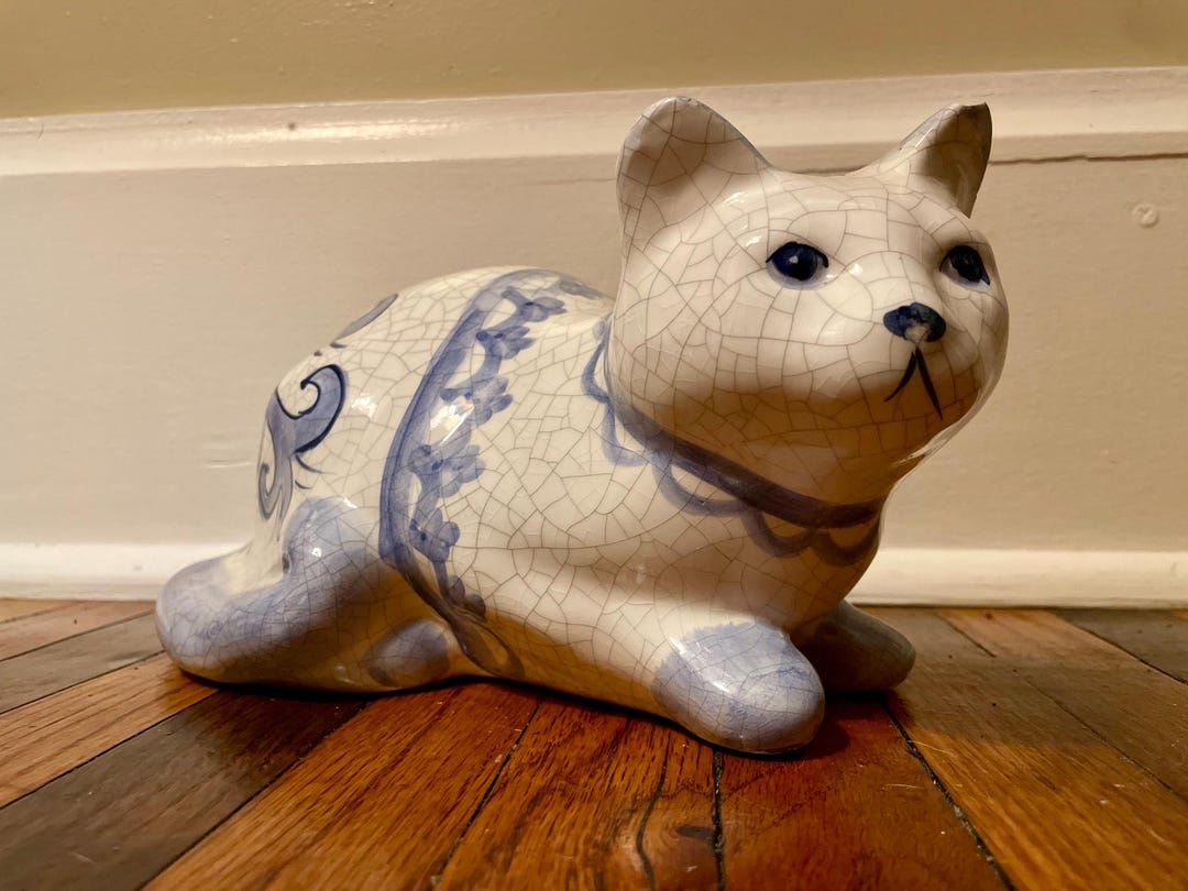 Vintage Pocelain White and Blue Cat Statue With Heavy Crazing - Etsy