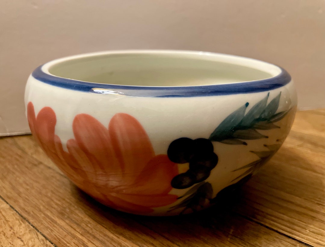 Vintage Low Round Ceramic Planter With Hand Painted Flowers - Etsy