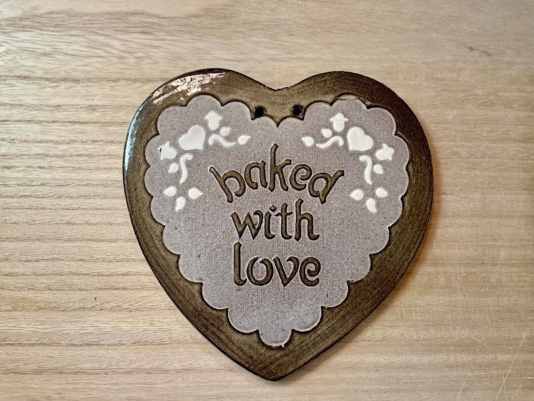 Vintage Purple ‘baked With Love’ Heart Shaped Ceramic Hanging Hot Plate ...