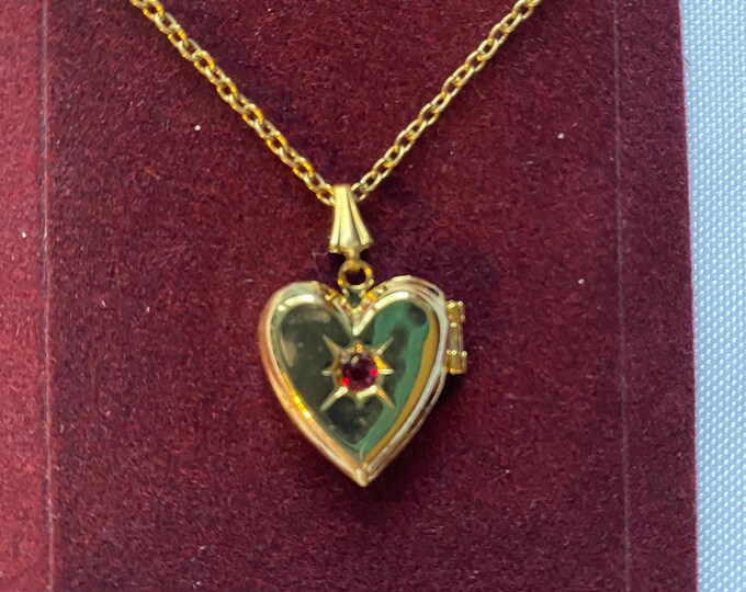 Vintage Gold-tone Heart Shaped Locket With Red Stone Necklace Holds 2 ...
