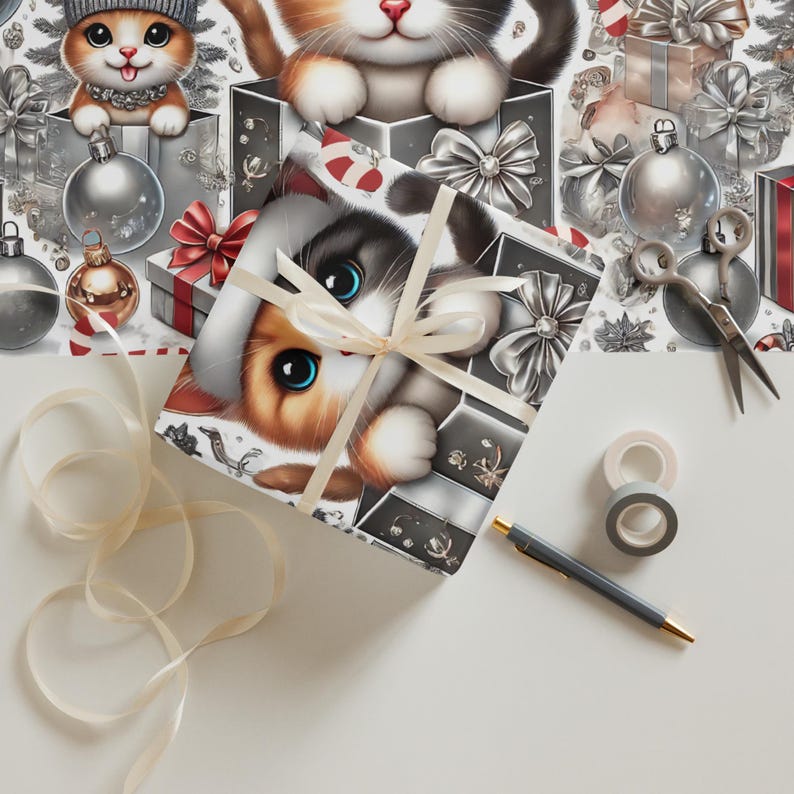 Christmas Kitten Wrapping Paper | Holiday Gift Wrap Set | Cute Kittens ...