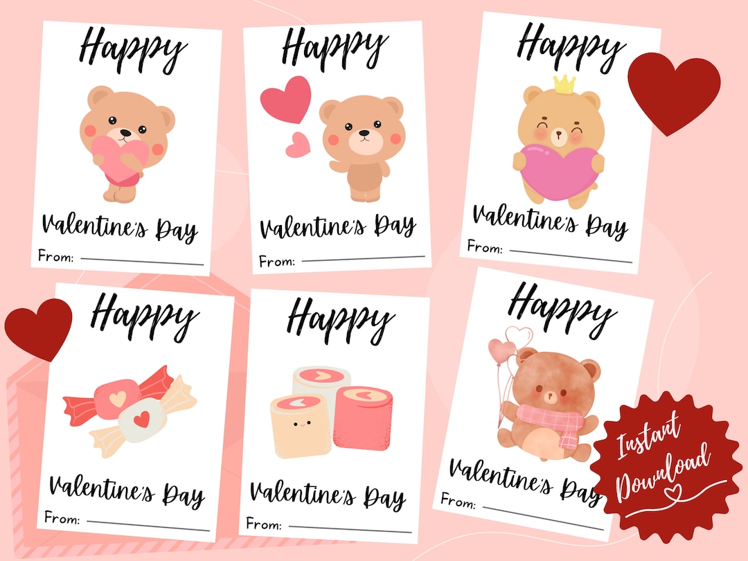 Kids Valentine's Day Card Printable, Valentine's Day Cards Set of 6 ...