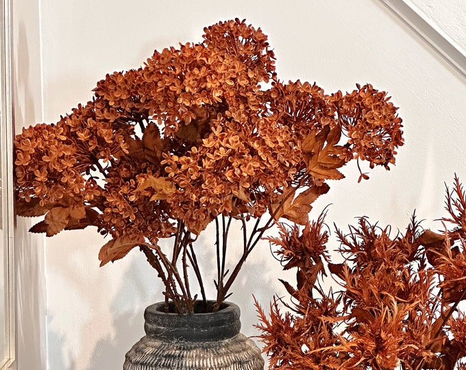 Hydrangea Branch, Dry Look Rust Brown Faux Flowers Spray, Dried Ixora ...