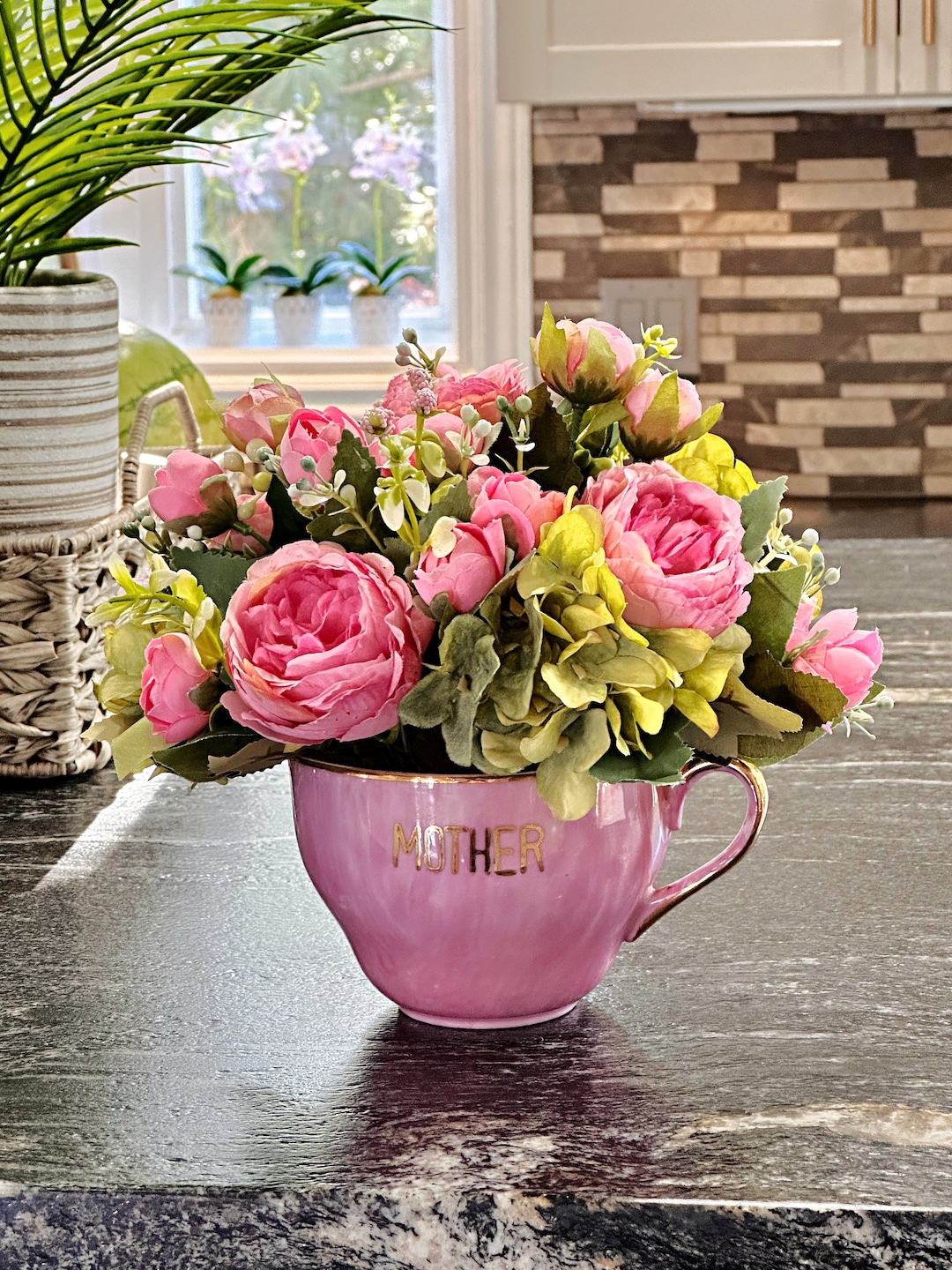 Teacup Floral Centerpiece of Pink Roses & Greenery, Vintage "mother ...
