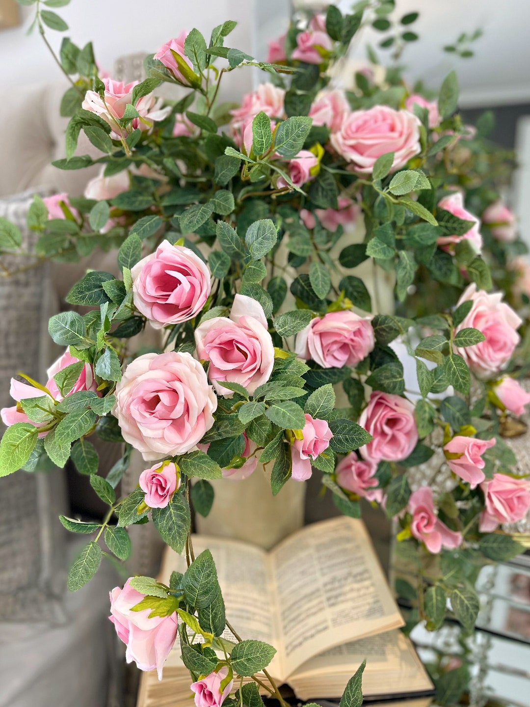 Sumptuous Pink English Rose Bouquet, Large Cascading Faux Flowers ...