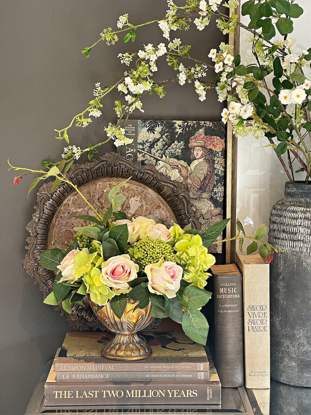 Pink Roses Centerpiece in Gold Iron Vase, Faux Flowers, Silk Hydrangea ...