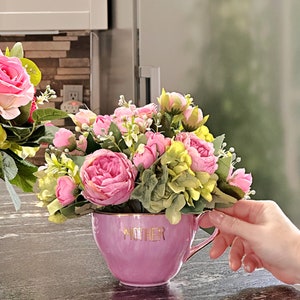 Teacup Floral Centerpiece of Pink Roses & Greenery, Vintage mother ...