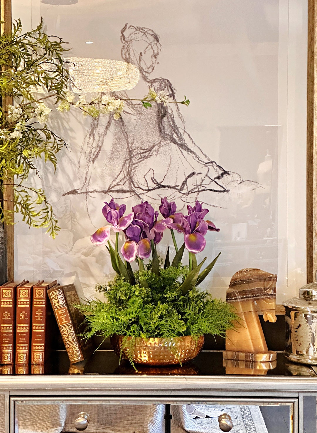 Purple Irises in Gold Metal Vase, Exotic Faux Silk Flowers Centerpiece ...