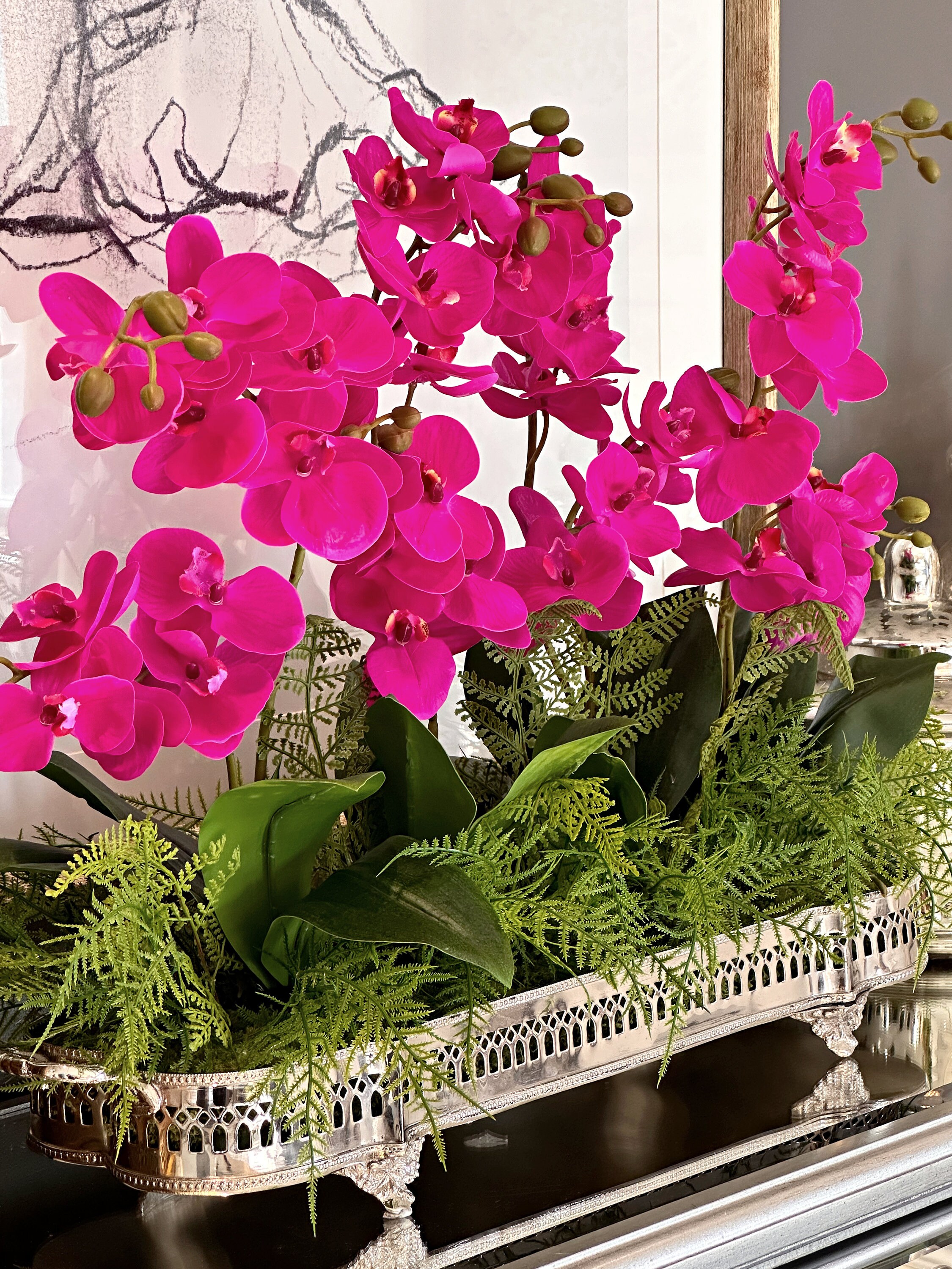 LARGE Magenta Orchids in Silver Metal Vase, Exotic Purple-pink Faux ...