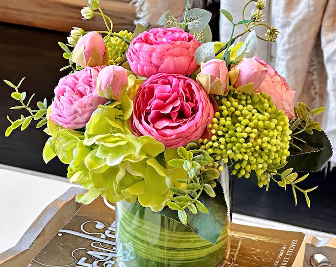 Pink Peonies in Glass Vase, Faux Silk Flowers Peony Centerpiece, Green ...