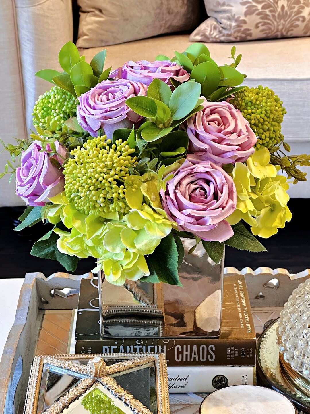 Modern Floral Centerpiece of Lilac Roses in Vintage Mirrored Glass Vase ...