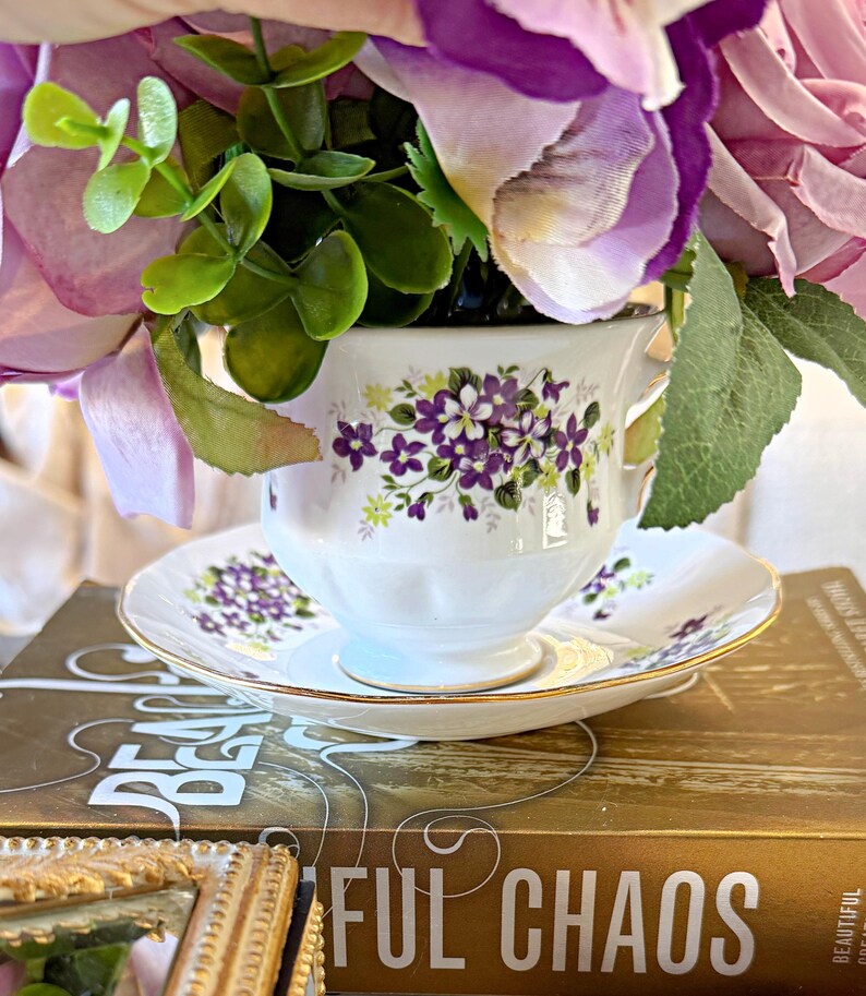 Tea Cup Floral Centerpiece, Purple Rose Peonies & Pansies, Mauve ...