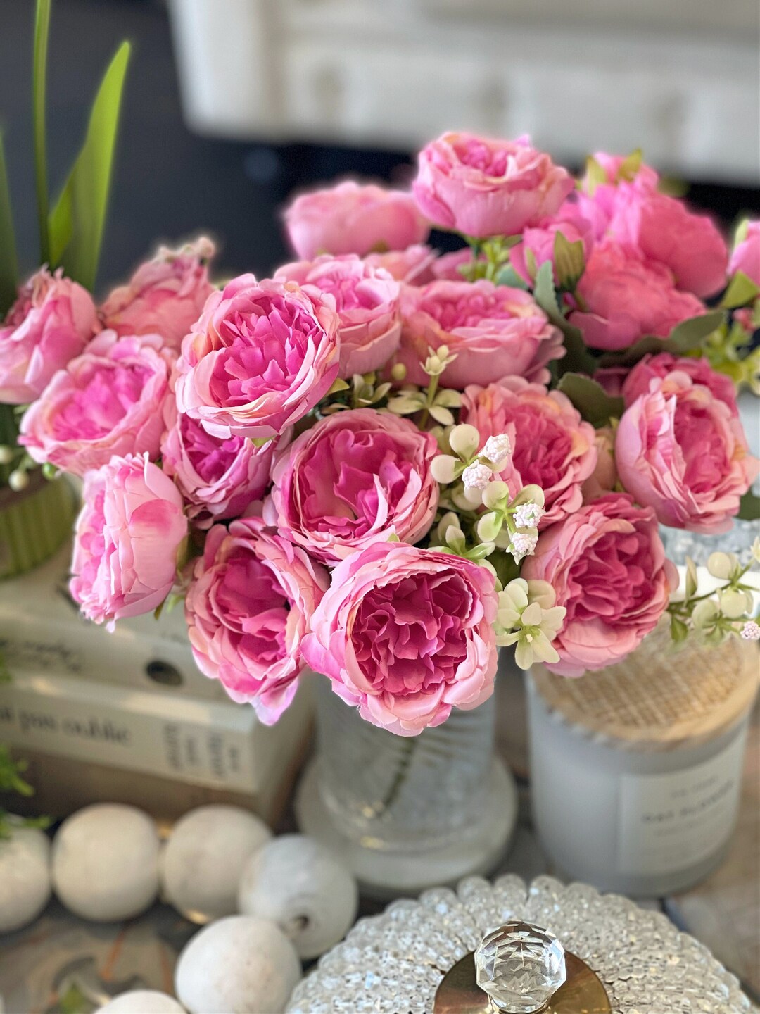 Pink Cabbage Roses Spray, Two-tone Pink Faux Flower Bouquet, Silk Roses ...