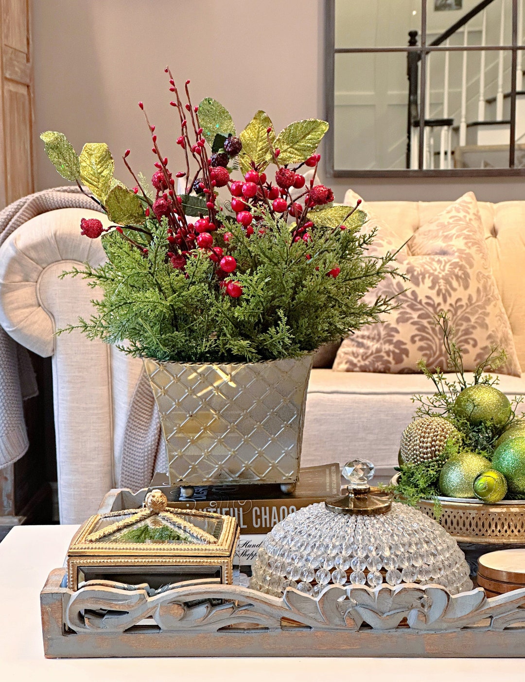 Christmas Floral Centerpiece Glittery Red Berries & Pine - Etsy