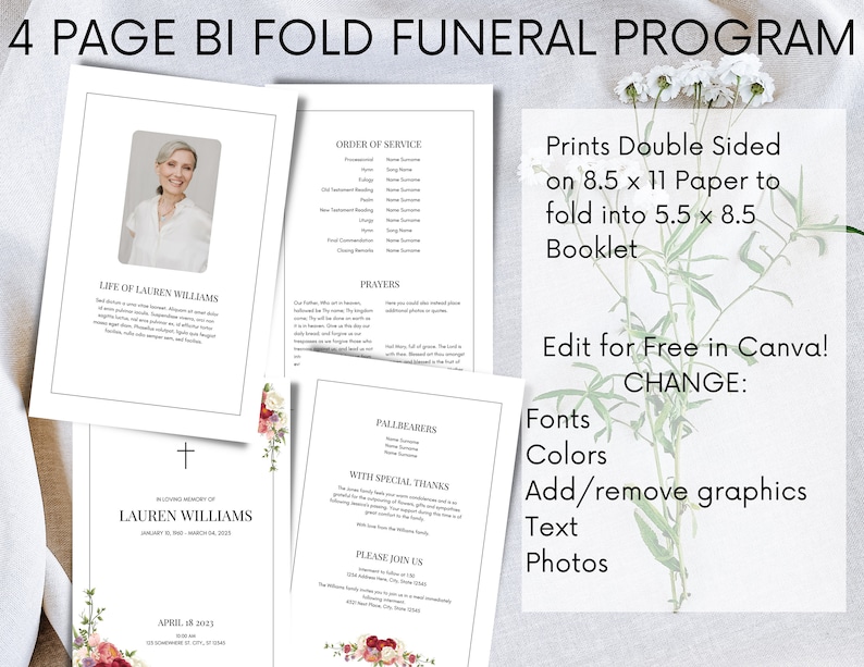 Pink Floral Funeral Program Template: Modern Catholic Design (canva ...