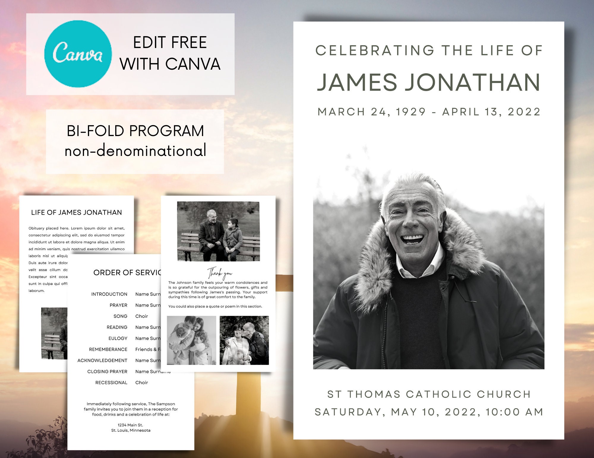 Funeral Memorial Program Template Editable in Canva, Mens Order of ...