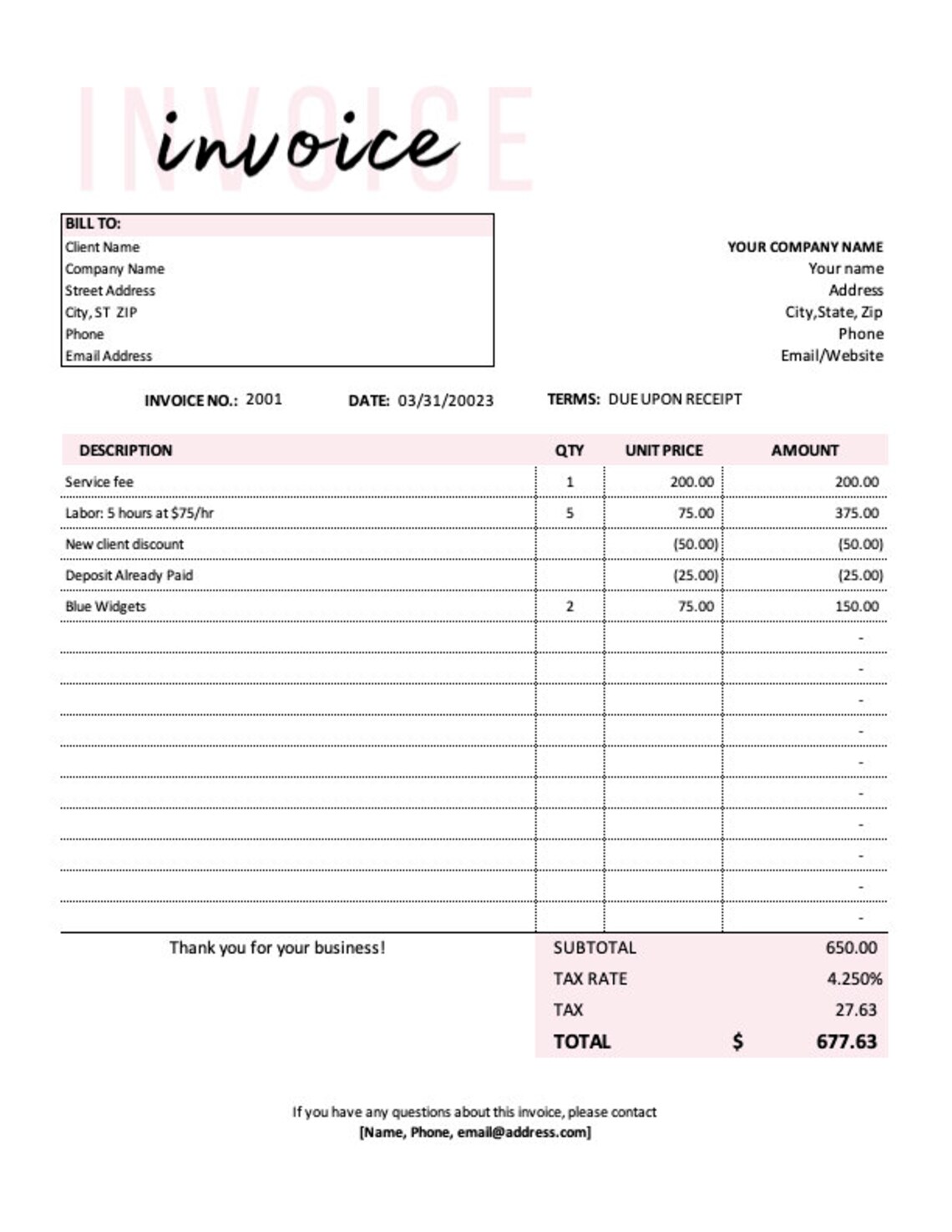 Excel Simple Invoice | Spreadsheet Invoice With Formulas | Editable ...