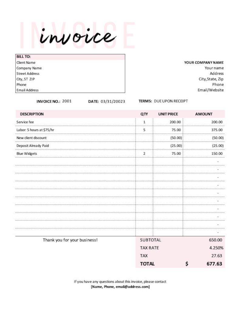 Excel Simple Invoice | Spreadsheet Invoice With Formulas | Editable ...