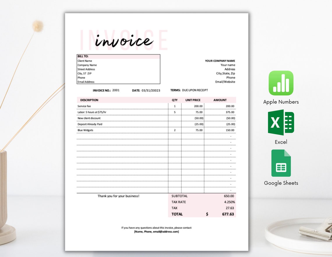 Excel Simple Invoice | Spreadsheet Invoice With Formulas | Editable ...