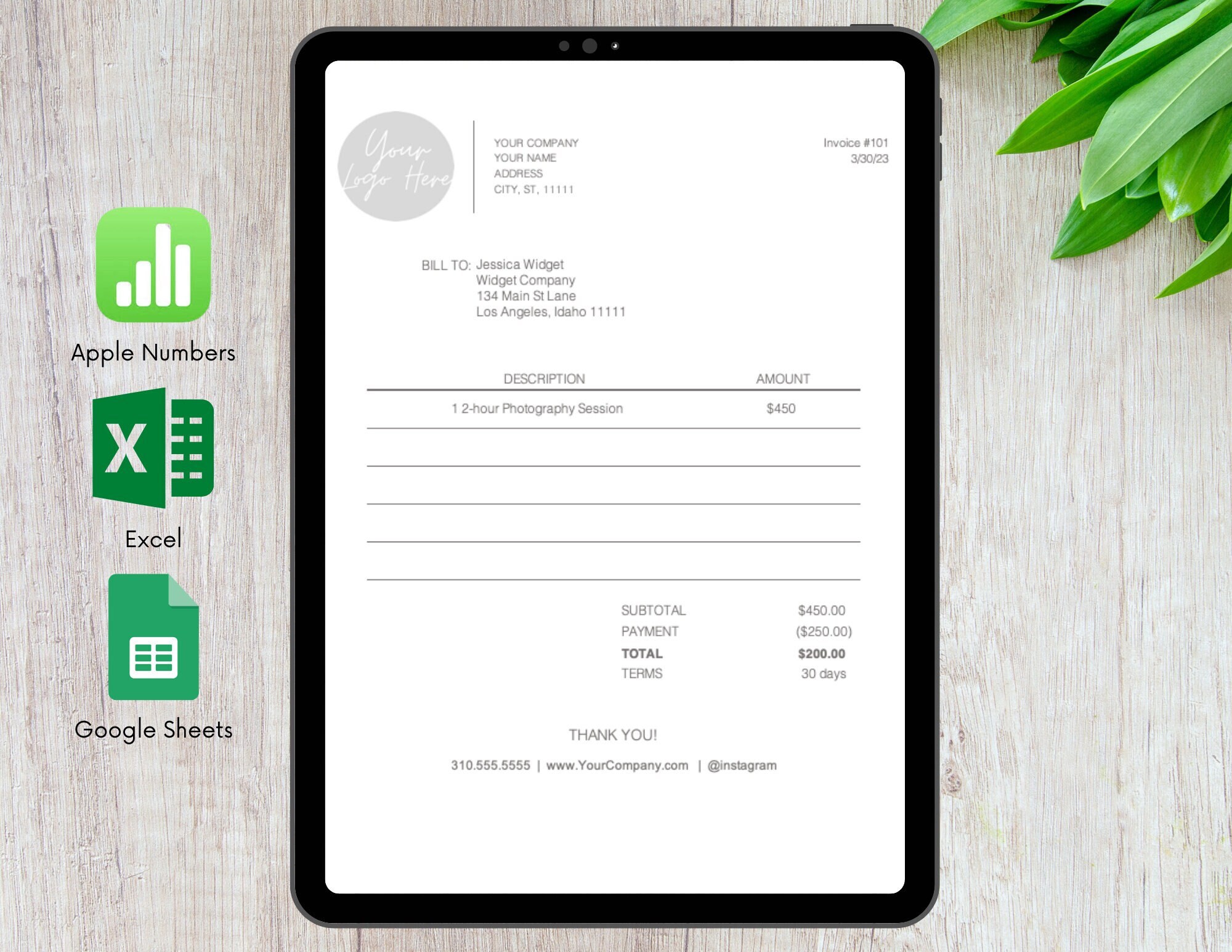 Editable Invoice Template: Excel, Numbers, Google Sheets (digital ...