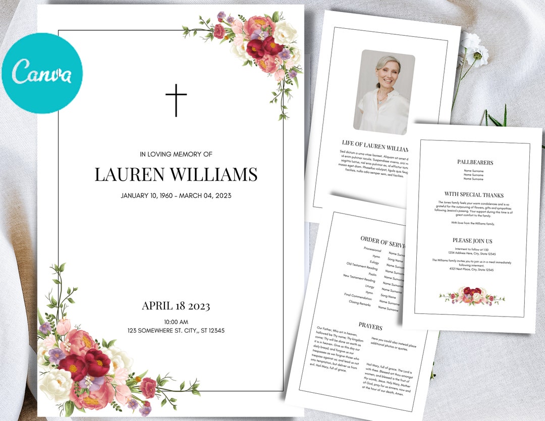 Pink Floral Funeral Program Template: Modern Catholic Design (canva ...