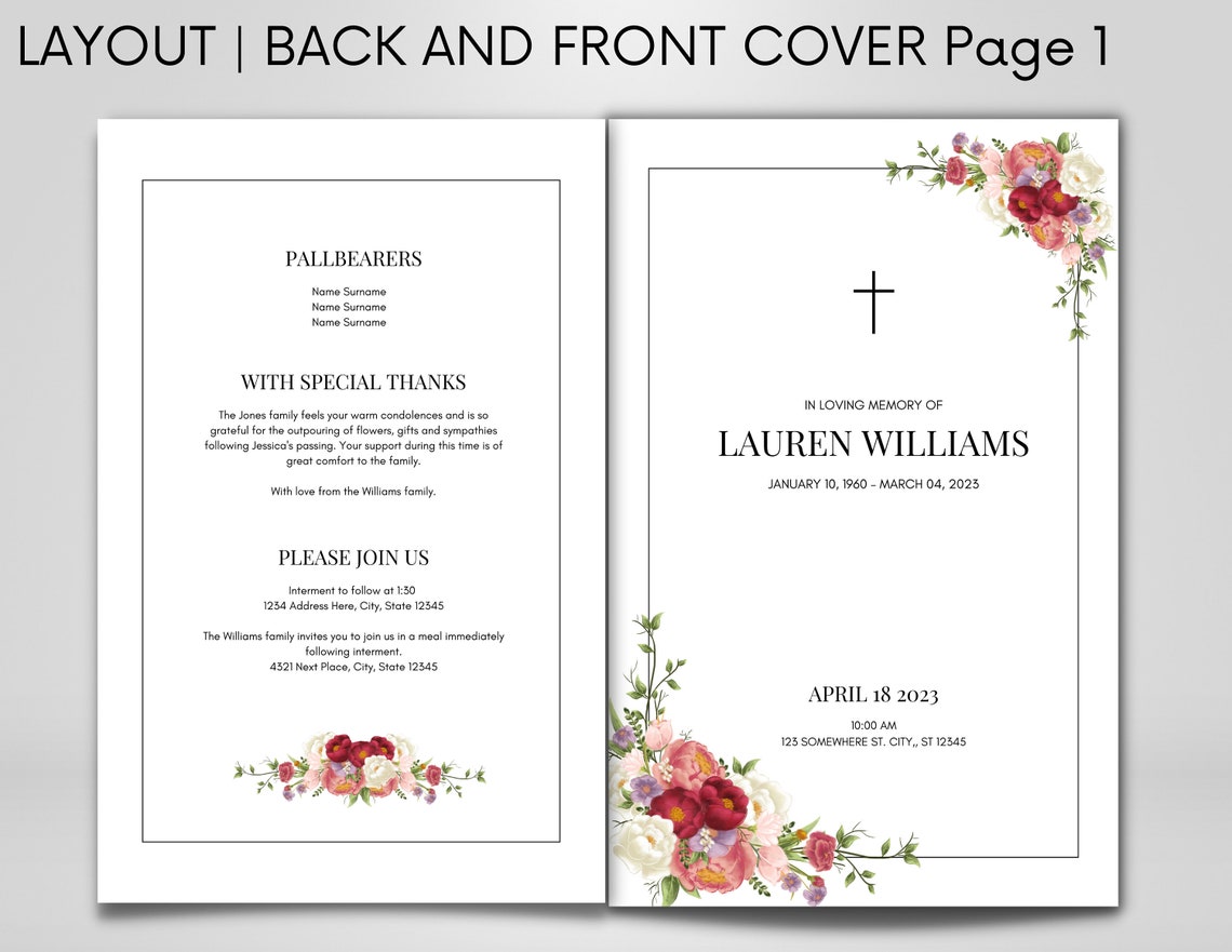 Modern Catholic Funeral Program With Pink Flowers | 4 Page Funeral