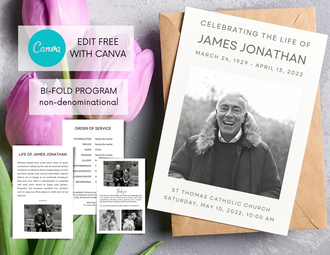 Funeral Memorial Program Template Editable in Canva, Mens Order of ...