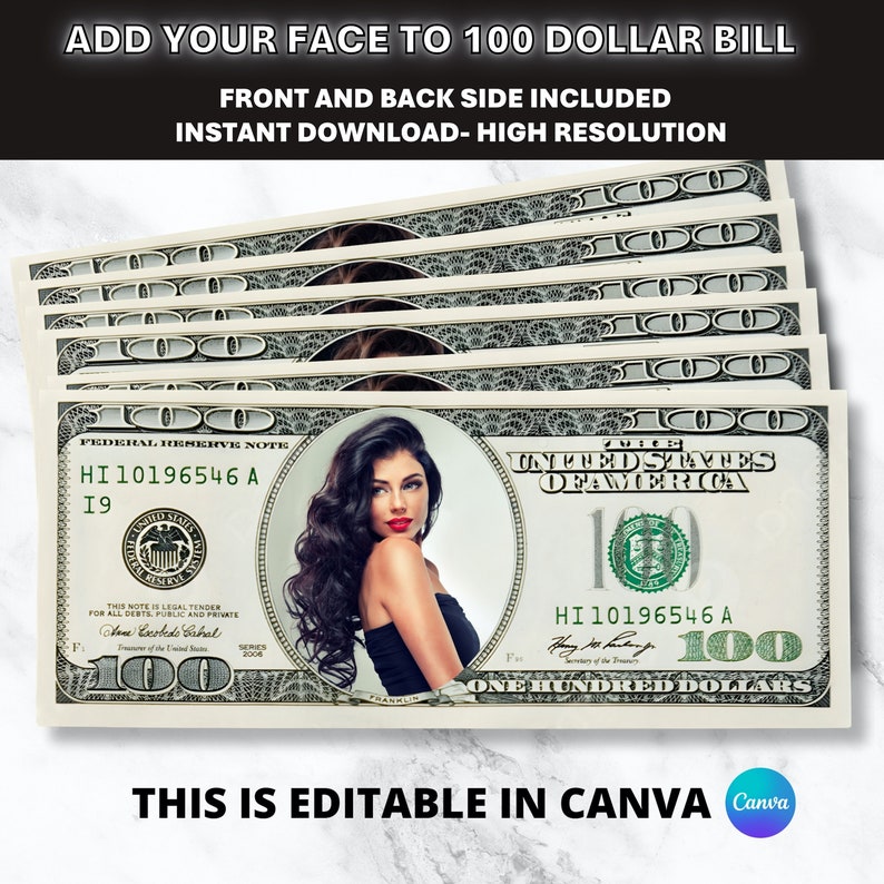 Dollar Bill Template, Your Face on Money, Personalized Dollar, Editable ...
