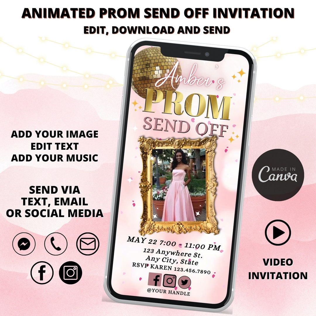 Animated Pink Prom Send off Video Invitation, Digital Prom Party ...