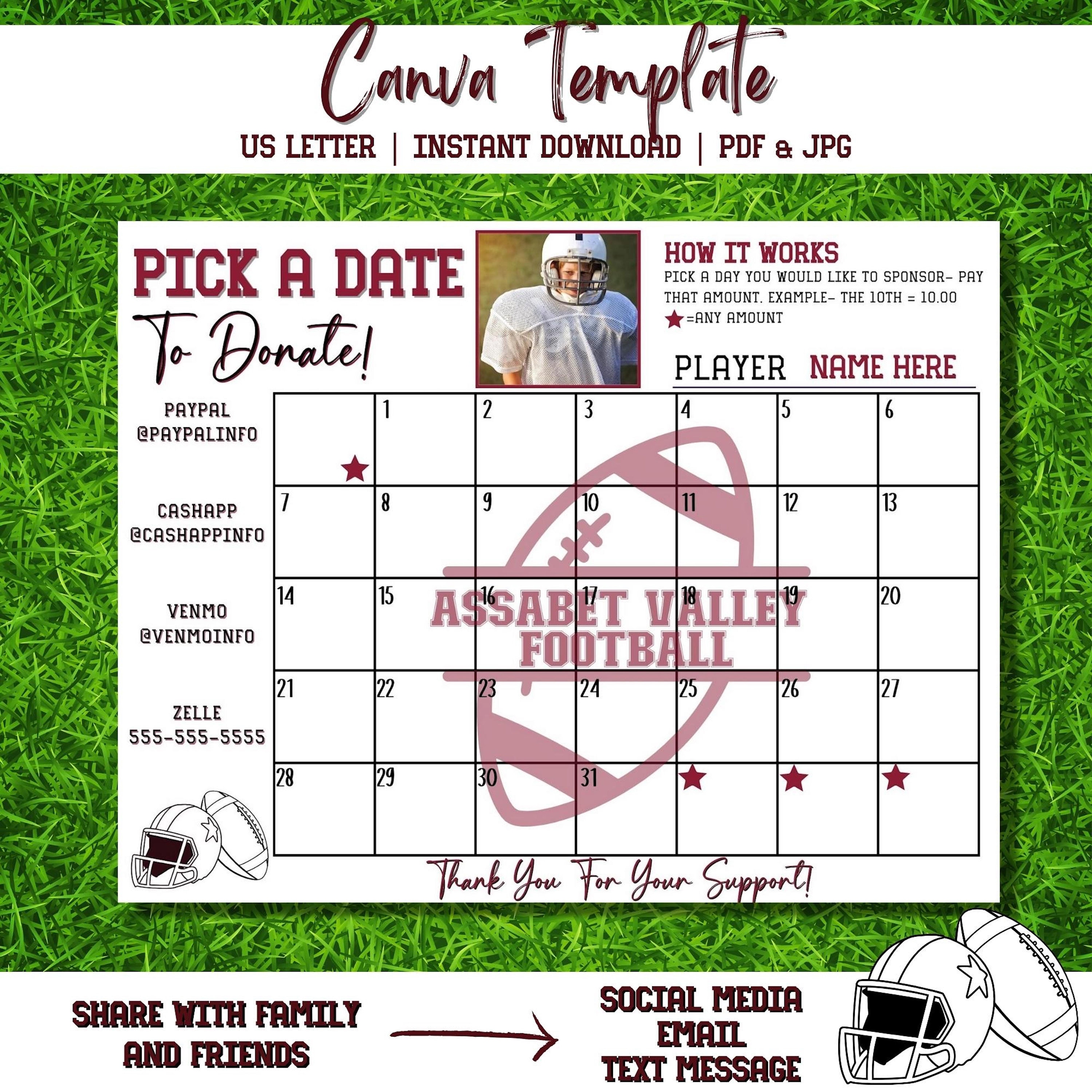 Pick a Date Calendar Fundraiser, Football Fundraiser Calendar, Pay for ...