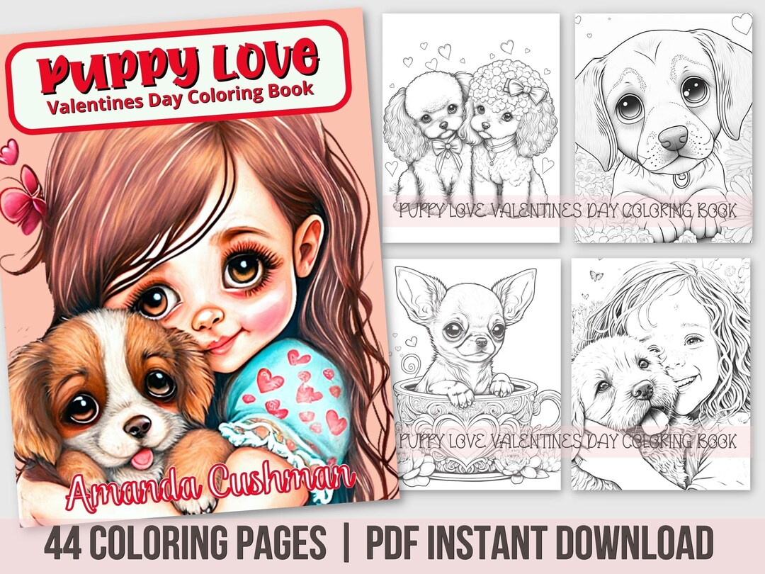 Cute Dogs Printable Coloring Book, Grayscale Coloring Book PDF, Puppies ...