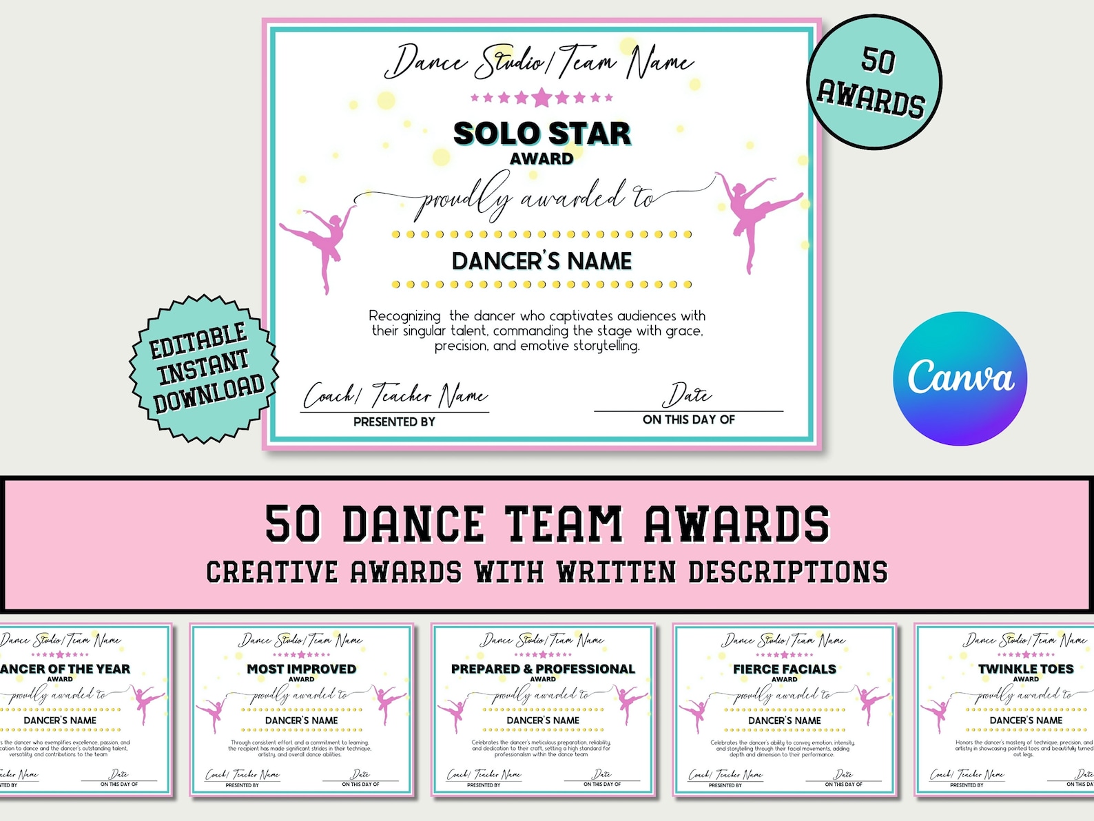 Dance Team Awards: Editable Certificate Templates (canva) - Etsy