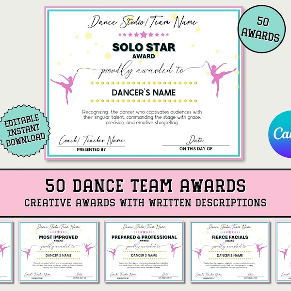 Dance Team Award Certificate Template - Etsy
