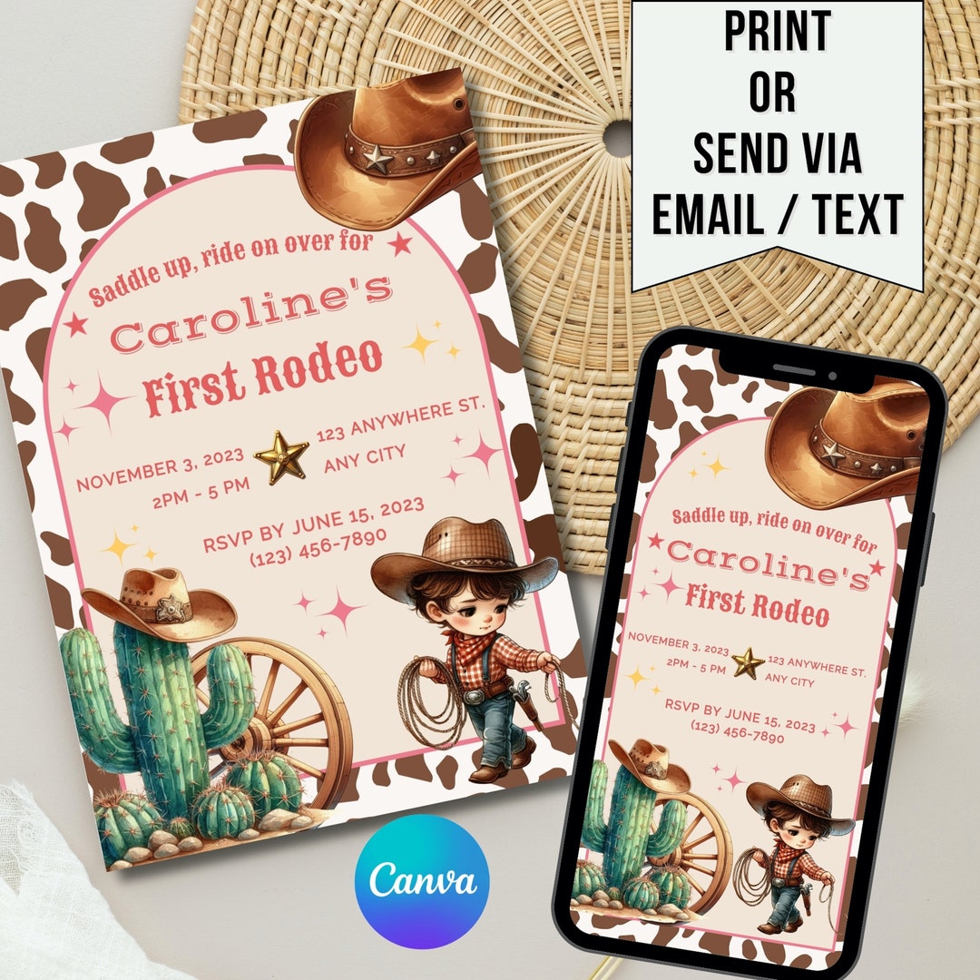 First Rodeo Birthday Editable Invitation, My First Rodeo Cowgirl ...