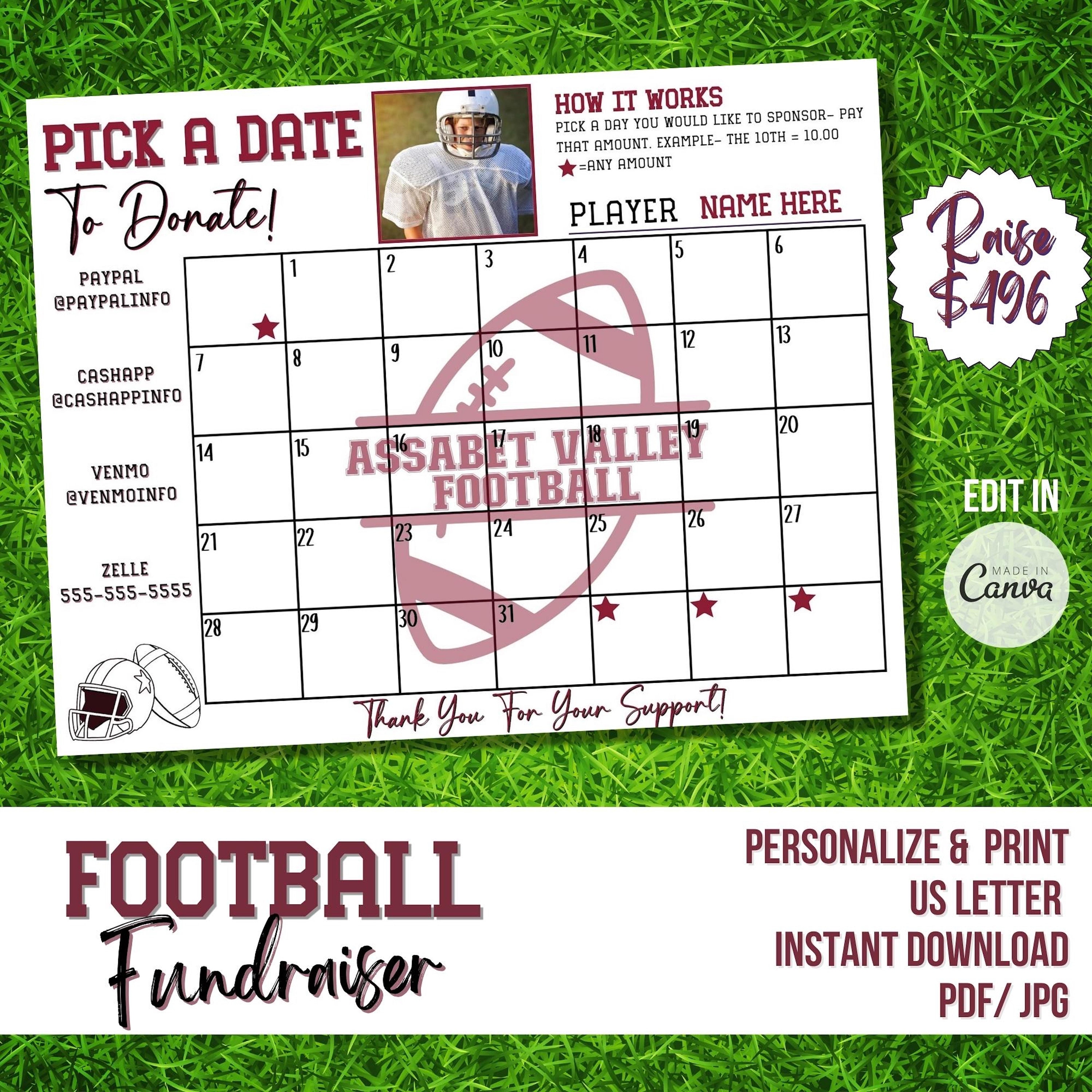 Pick a Date Calendar Fundraiser, Football Fundraiser Calendar, Pay for ...