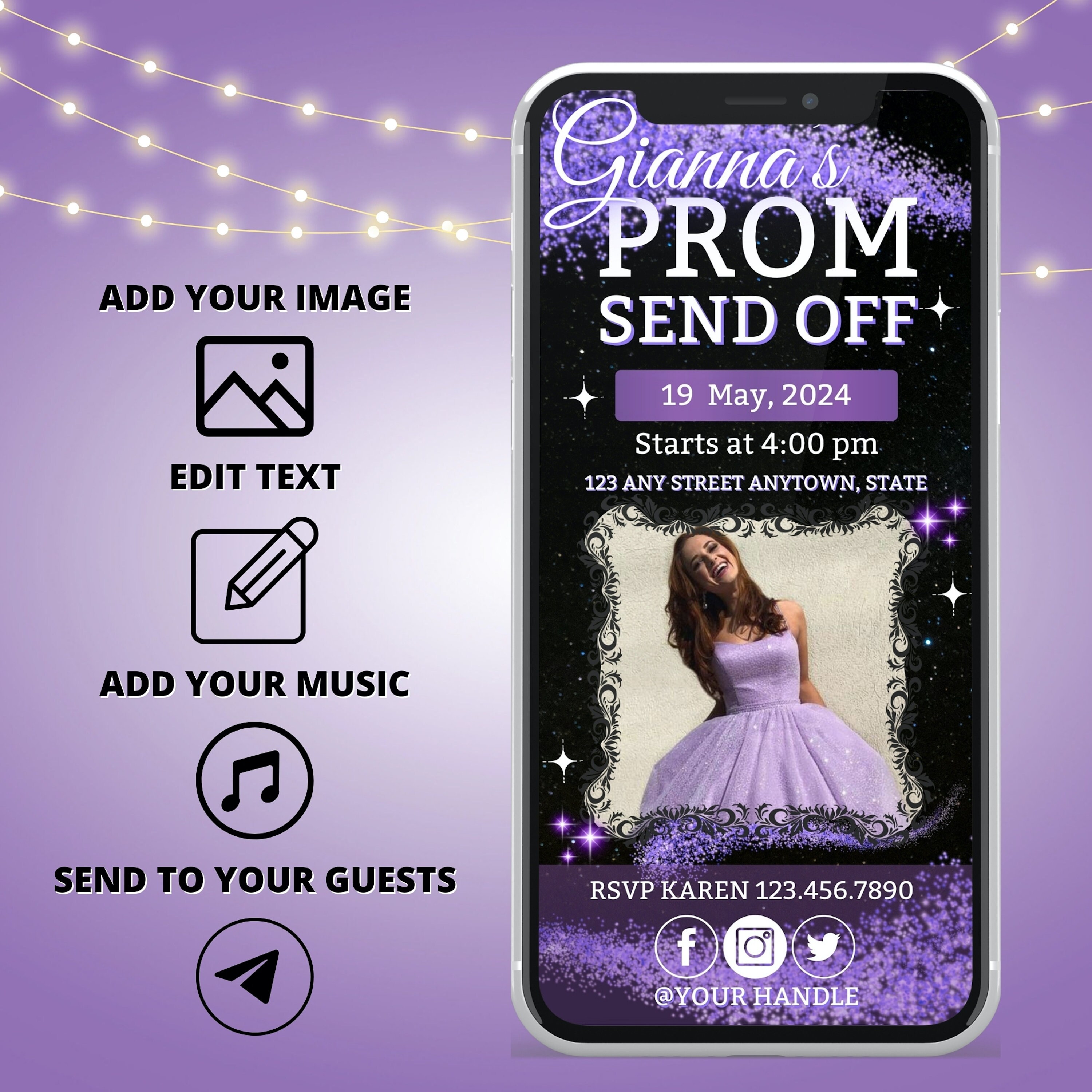 Animated Purple Prom Send off Video Invitation, Digital Prom Party ...