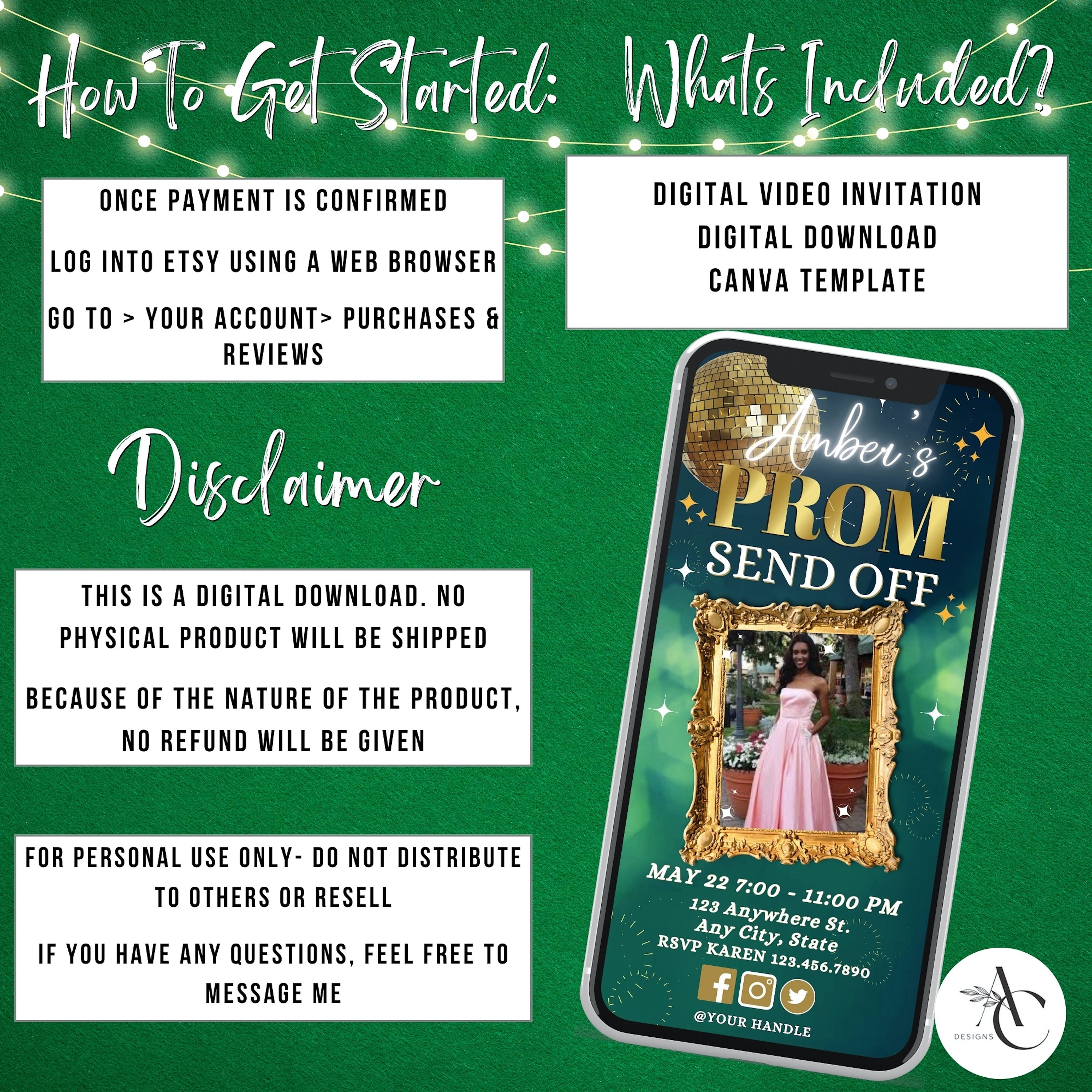 Animated Green Prom Send off Video Invitation, Digital Prom Party ...