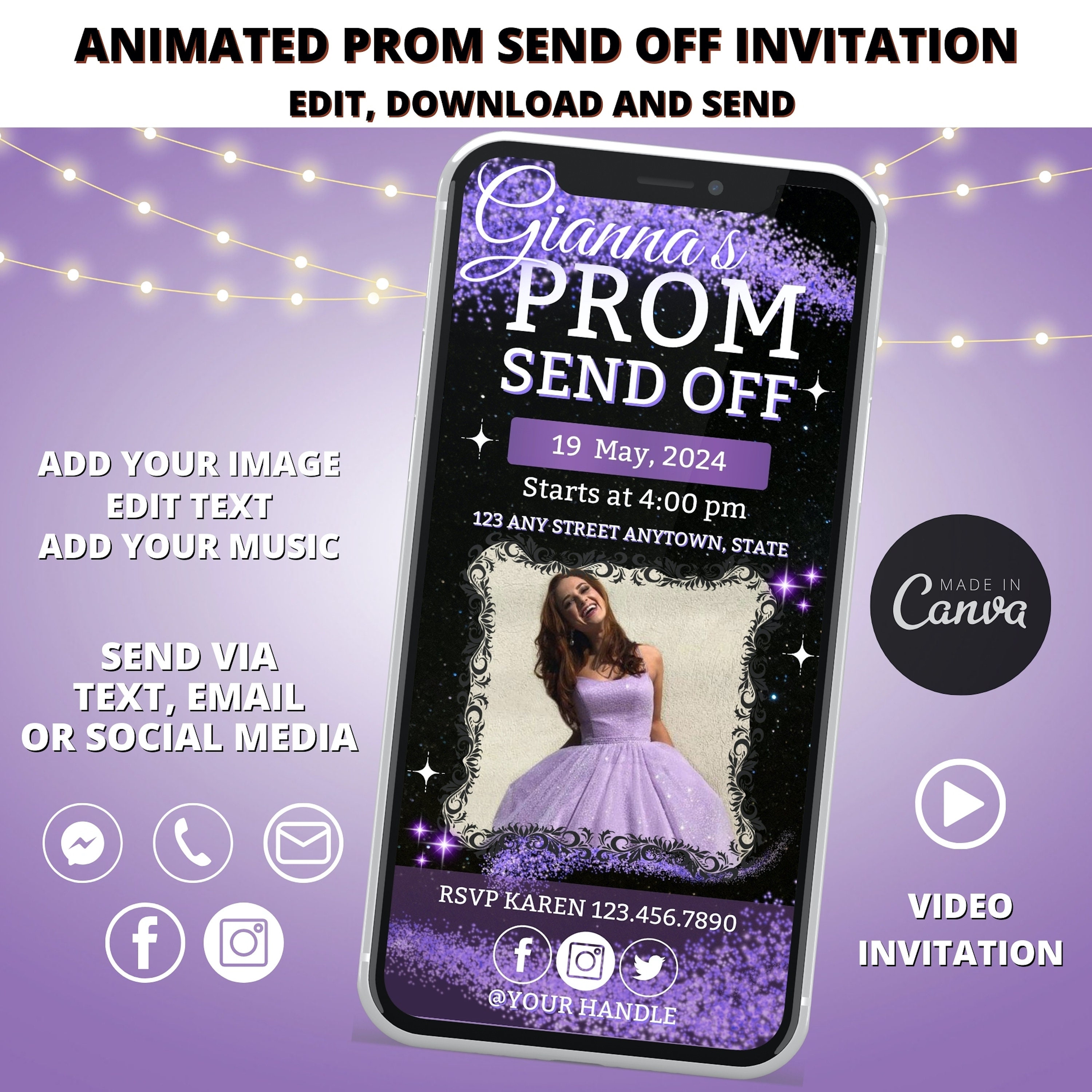 Animated Purple Prom Send off Video Invitation, Digital Prom Party ...