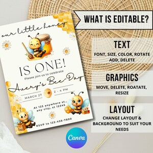 Bee First Birthday Editable Invitation, First Bee Day Invitation, Sweet ...