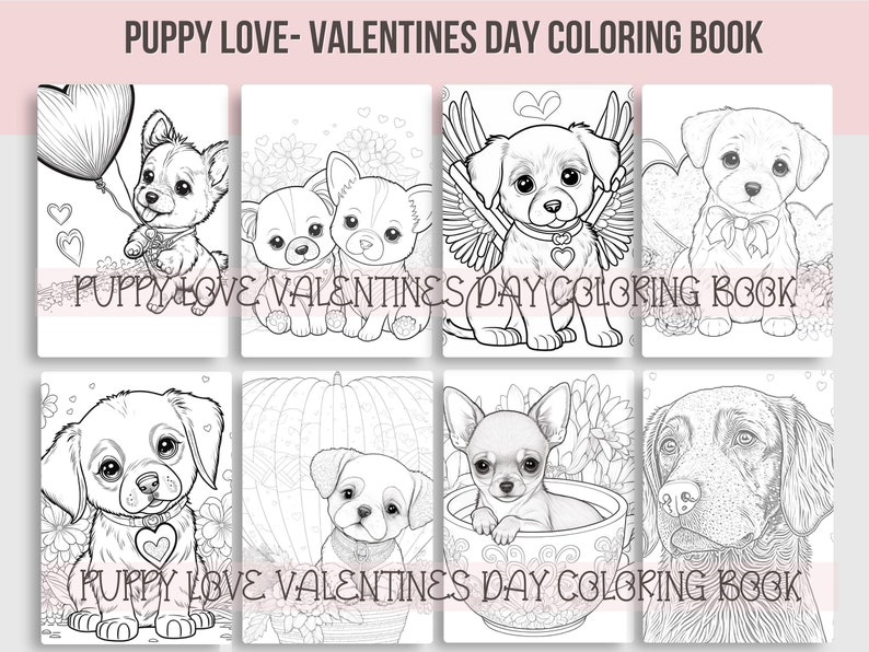 Cute Dogs Printable Coloring Book, Grayscale Coloring Book PDF, Puppies ...